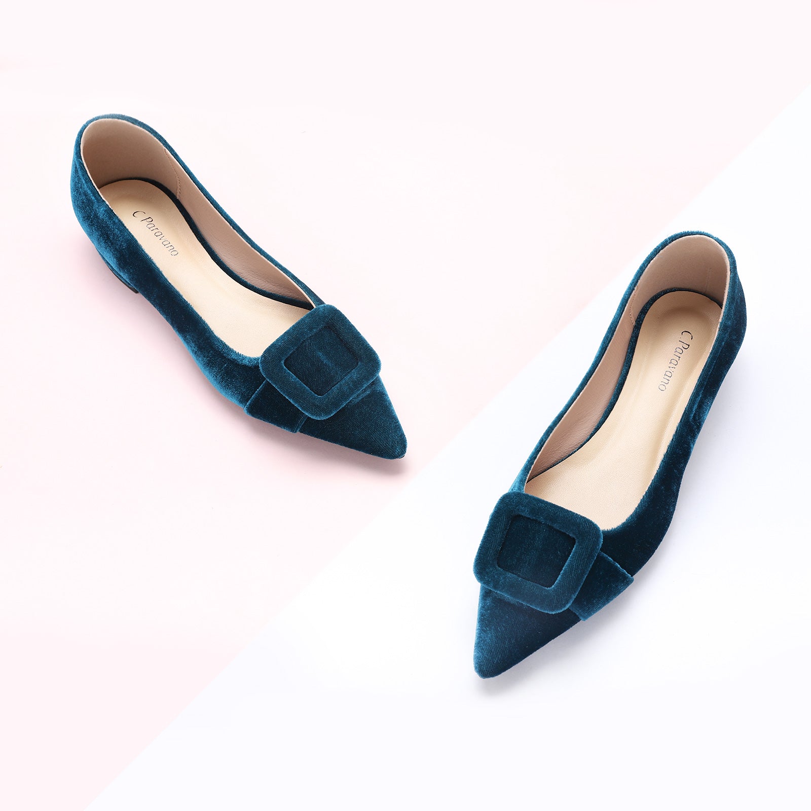Square Buckle Velvet Flats (Aida) | C.Paravano
